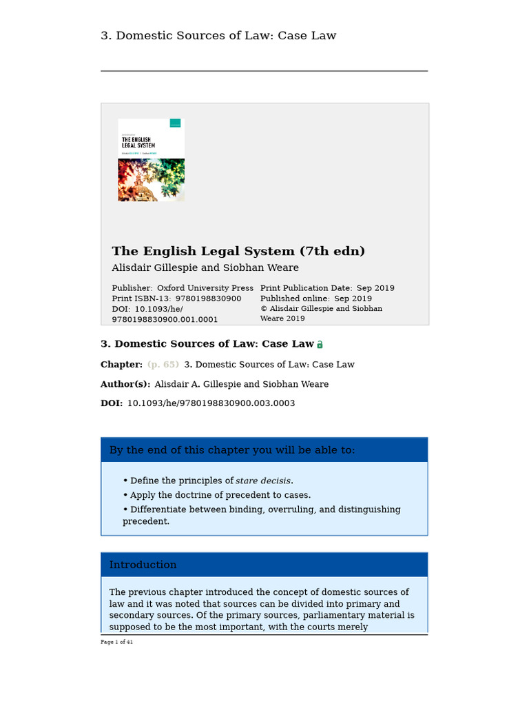 Domestic Law Sources: Case Law Explained | PDF | Precedent | Barrister
