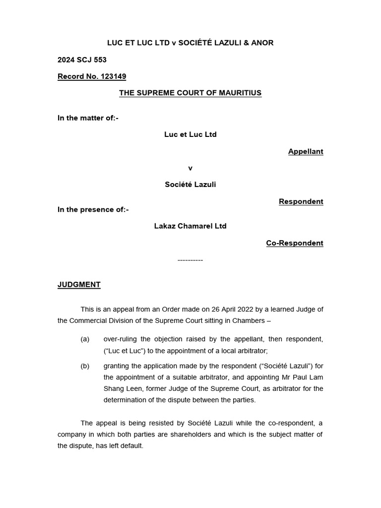 Supreme Court Arbitration Appeal: Luc et Luc Ltd | PDF | Arbitration ...