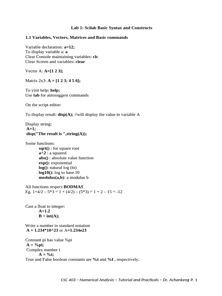 Lab 1 - Scilab Basic Syntax and Constructs | PDF | Matrix (Mathematics) | Mathematical Analysis