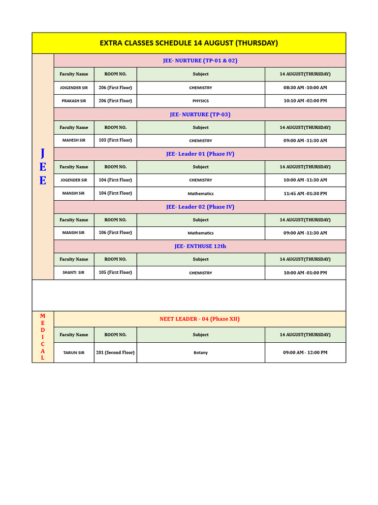 Jee & Neet Extra Class Time Table - 14 August 2025 | PDF