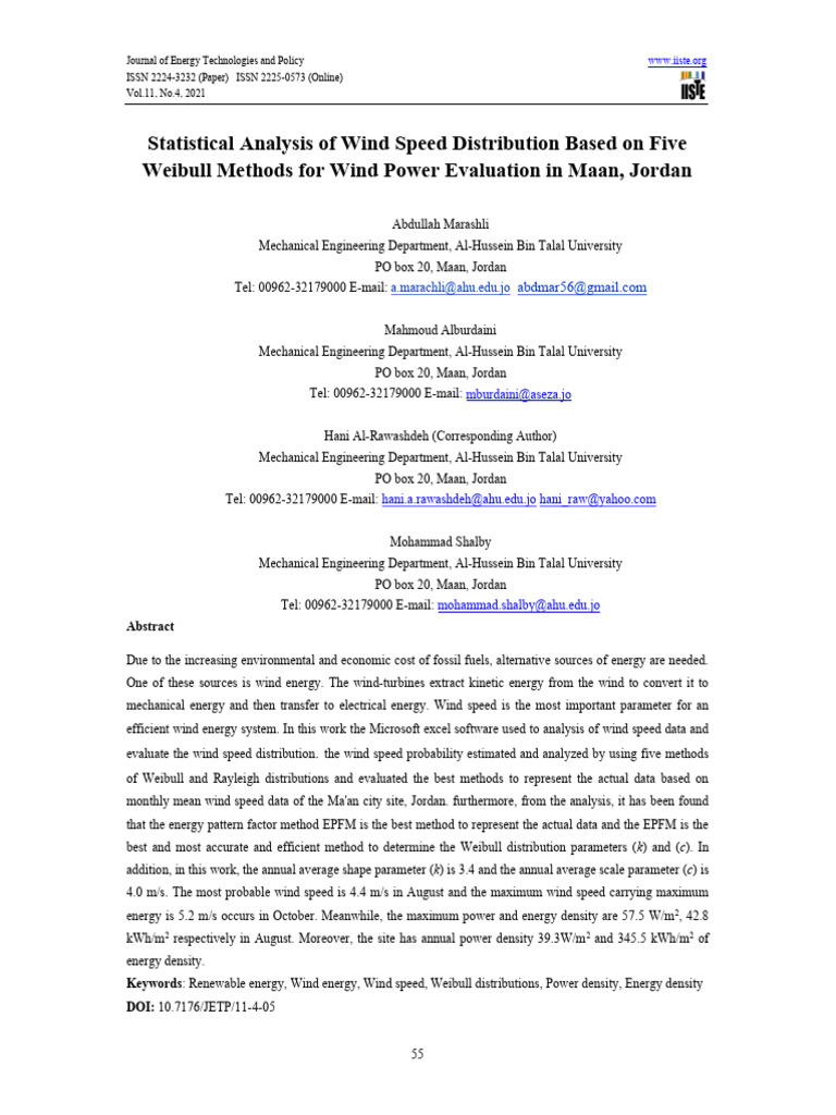 Wind Speed Analysis in Maan, Jordan | PDF | Wind Power | Statistical Theory