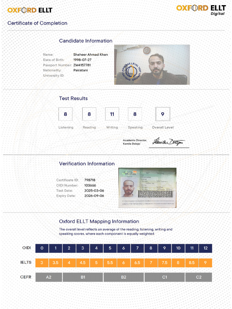 Shaheer Ahmad Khan Oxford ELLT Certificate | PDF