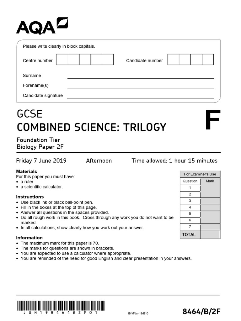 AQA GCSE Combined Science Foundation Biology Paper 2 QP Unlocked | PDF ...