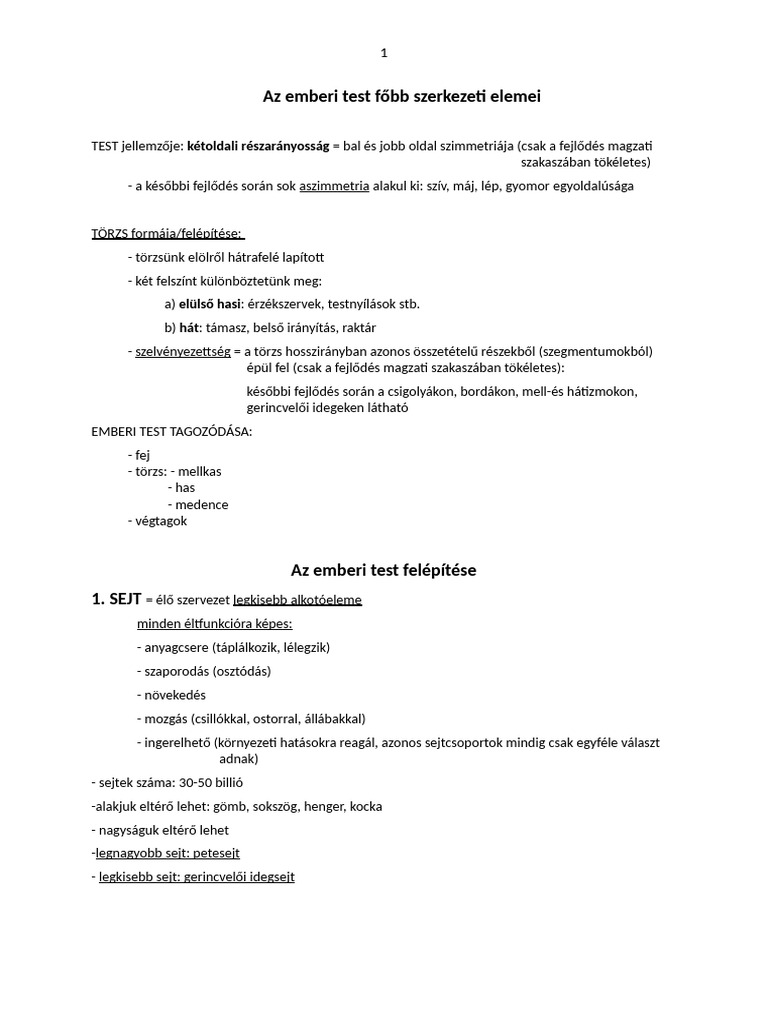 Az Emberi Test Főbb Szerkezeti Elemei | PDF