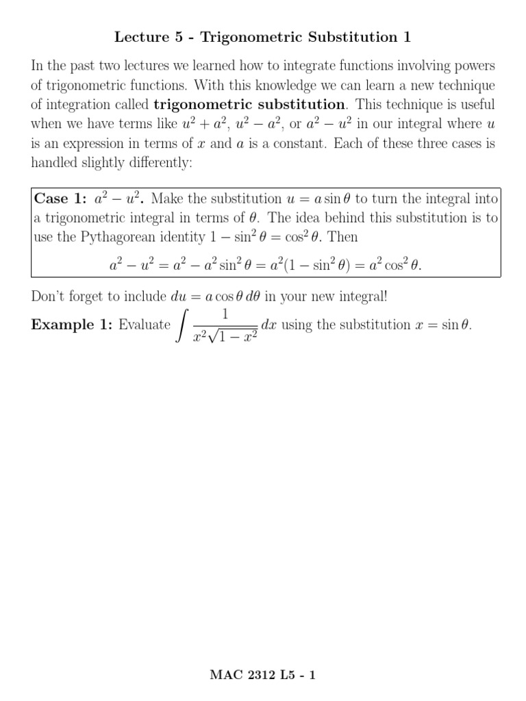 Lecture 5 - Trigonometric Substitution 1 | PDF | Trigonometric ...