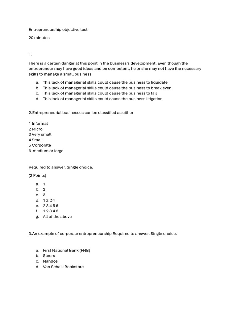 Entrepreneurship Objective Test Guide | PDF | Entrepreneurship | Business