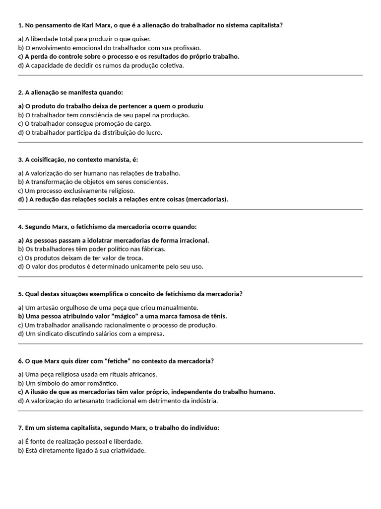 Quiz Sociologia 2 Ano | PDF | Consumismo | Karl Marx
