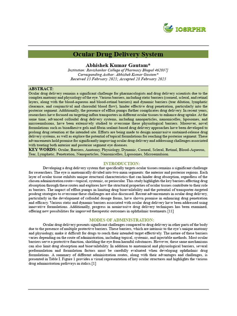 Ocular Drug Delivery System | PDF | Health Sciences | Pharmaceutical ...