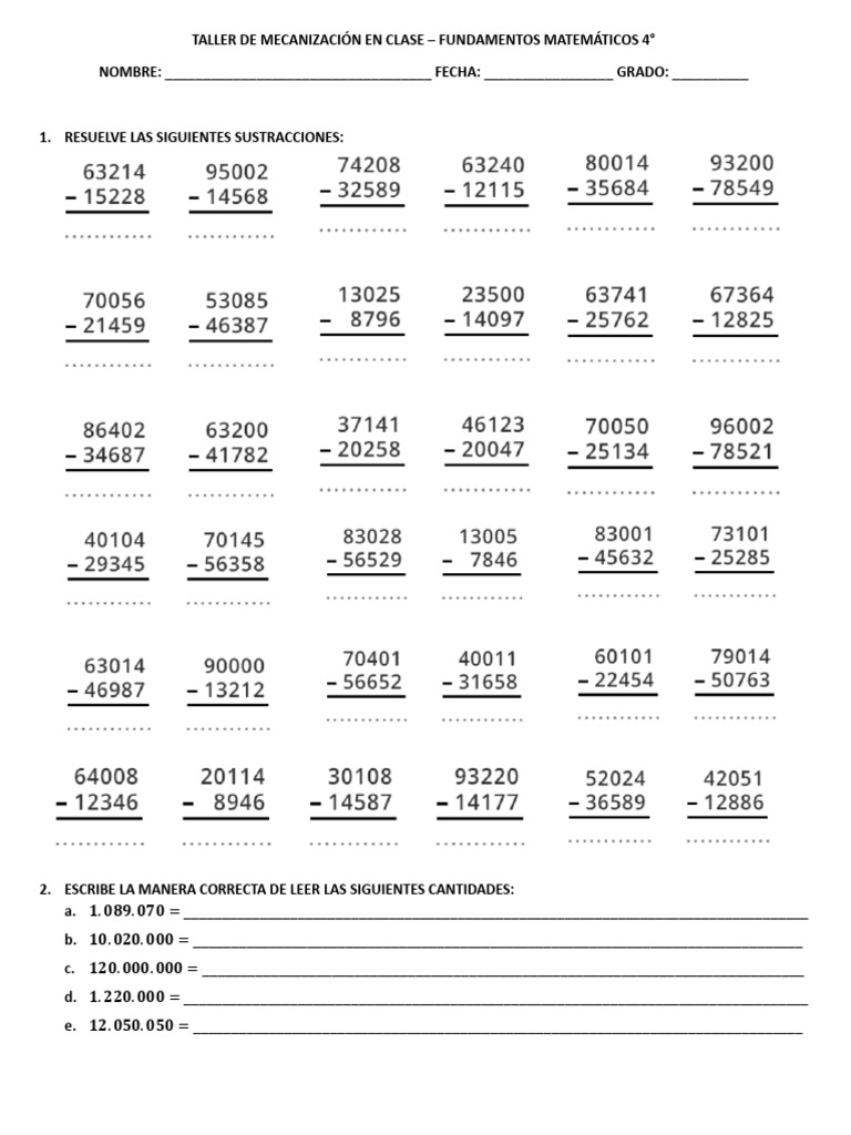 Taller de Matemáticas 4°: Sustracciones y Adiciones | PDF