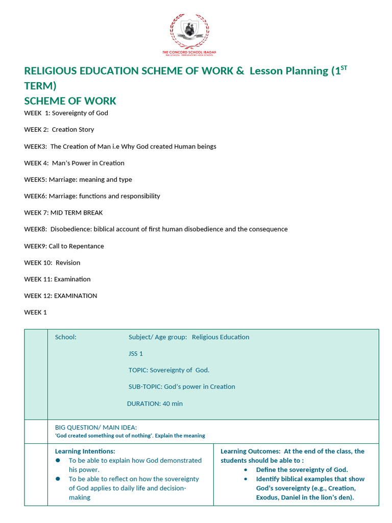 Religious Education Jss 1 Lesson Plan 2025 | PDF | Genesis Creation Narrative | Marriage