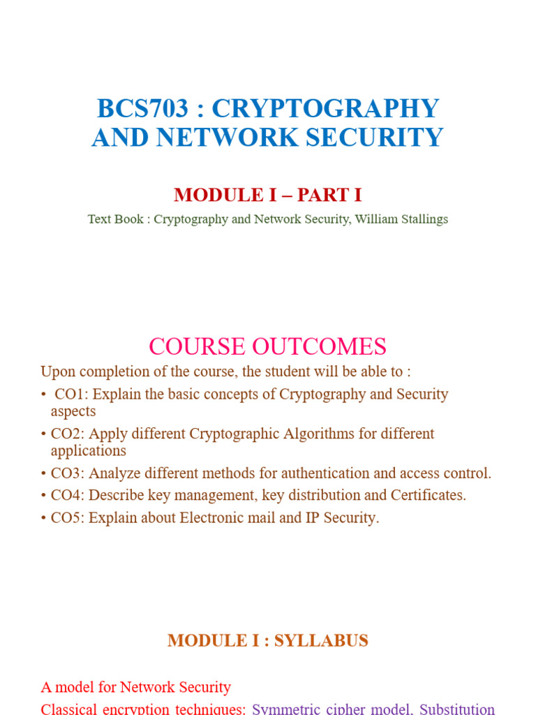 BCS703 Module I Part I | PDF | Encryption | Cryptanalysis