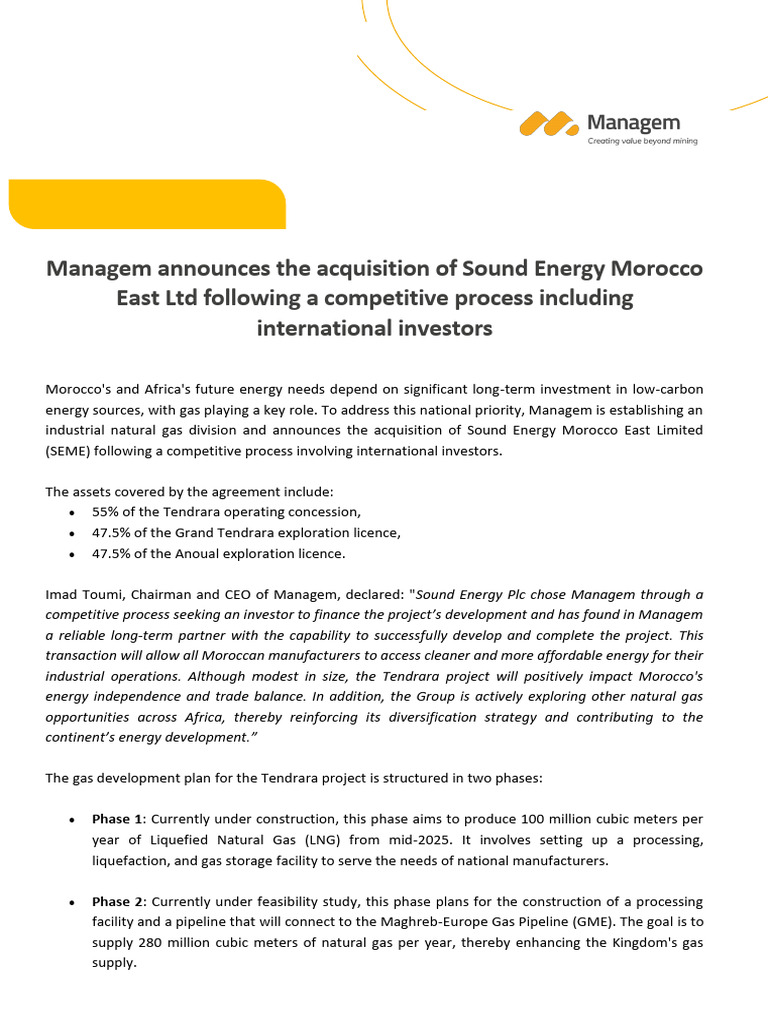 Managem Acquires Sound Energy Morocco | PDF | Natural Gas | Mining