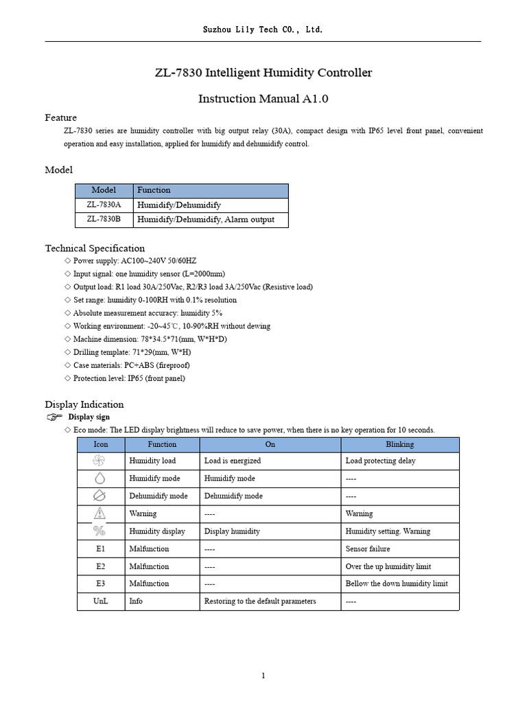 ZL-7830 Intelligent Humidity Controller Instruction Manual A1.0 | PDF ...