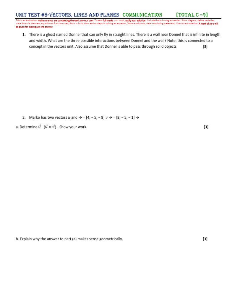 UNIT TEST #5-Vectors, Lines and Planes: Communication (Total C 9) | PDF