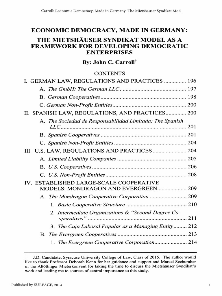 Economic Democracy Made in Germany The Mietshauser Syndikat Model | PDF ...