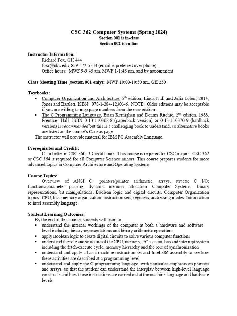 csc362.001.002.syllabus | PDF | Course Credit | Pointer (Computer Programming)