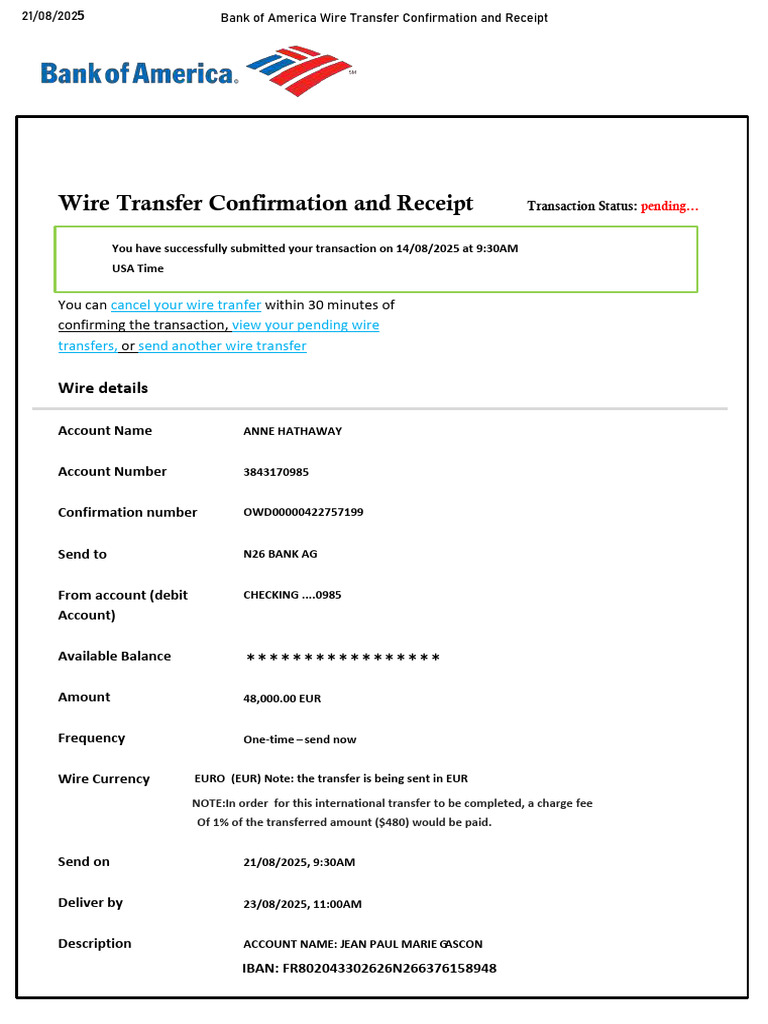 Wire Transfer Confirmation and Receipt 3 | PDF