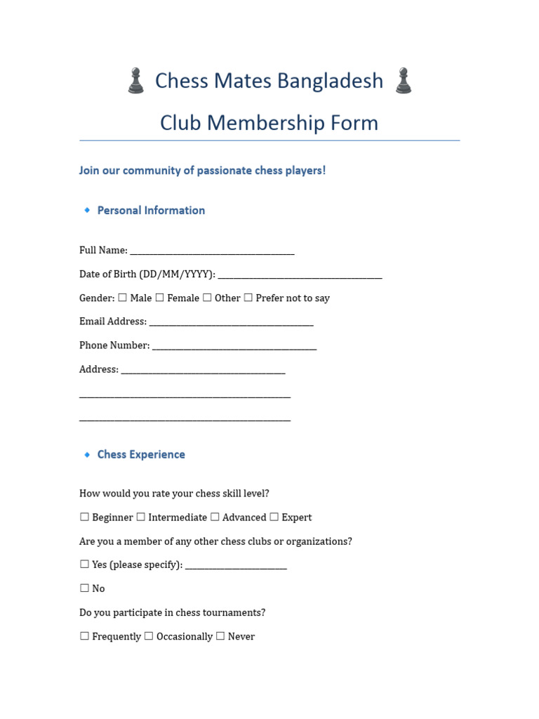 Chess Mates Club Membership Form | PDF