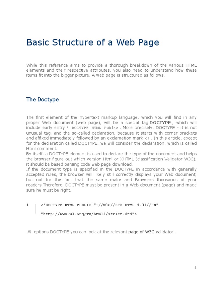 Basic Structure of A Web Page | PDF | Html Element | Html