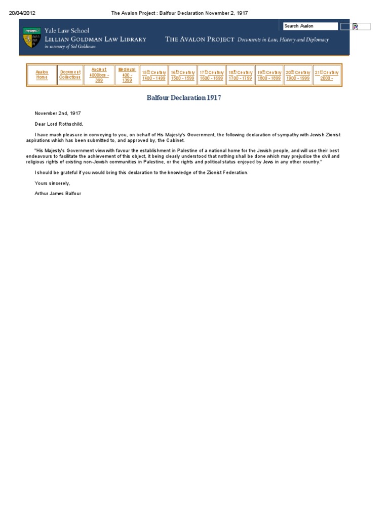 Balfour Declaration Text, 1917 | PDF