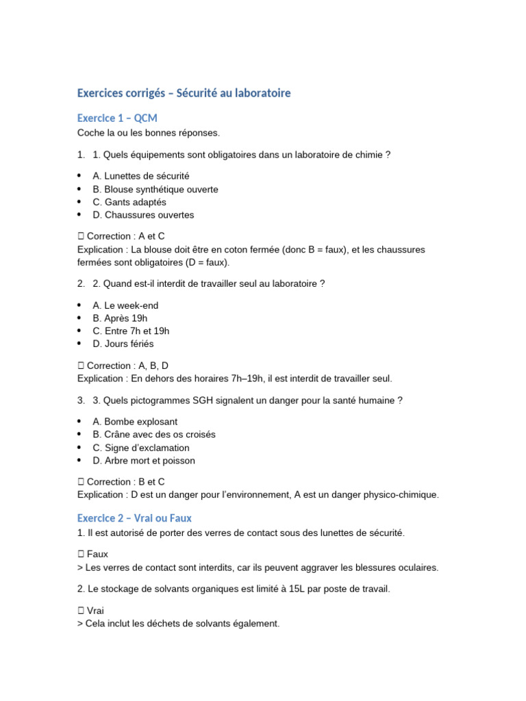 Exercices Sécurité Laboratoire | PDF