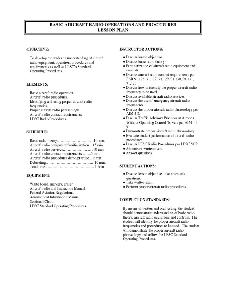 Basic Aircraft Radio Operations and Procedures Lesson Plan: Objective ...