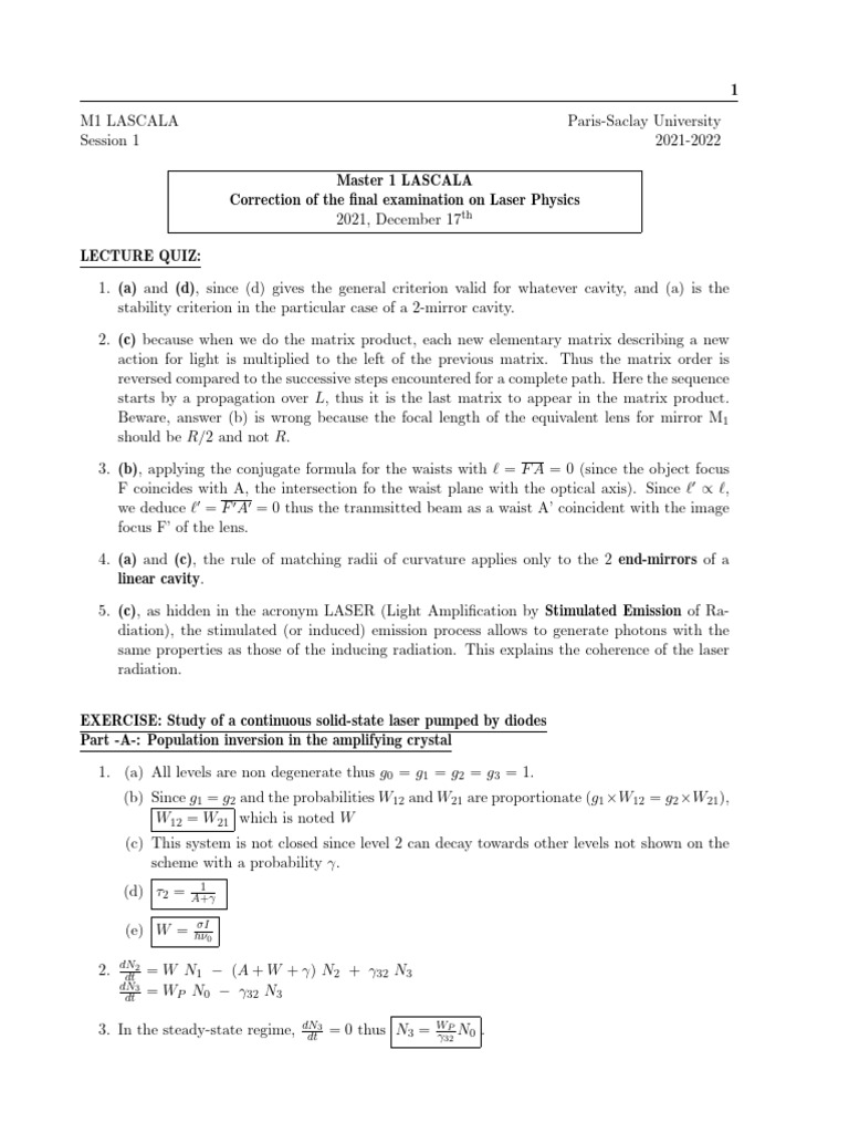 Laser Physics Exam Correction 2021 | PDF | Laser | Optics