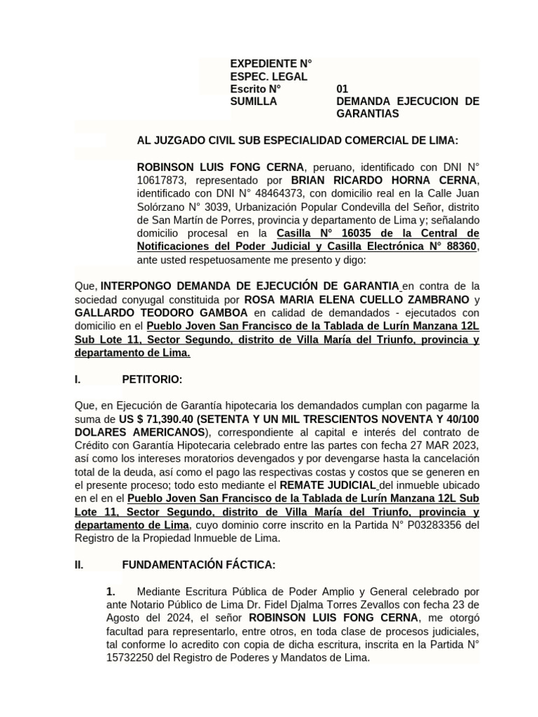 Demanda Ejecucion - Robinson Luis Fong Cerna - Corregida | PDF | Derecho privado | Crédito