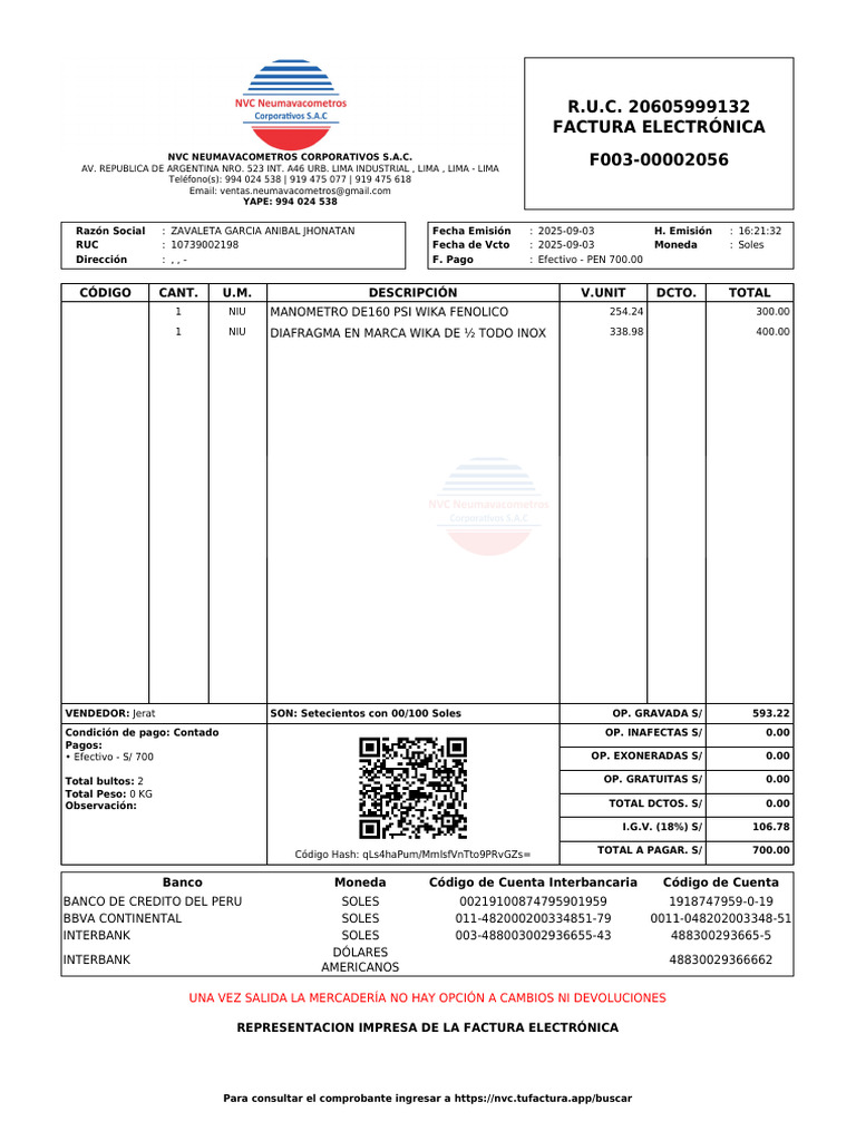R.U.C. 20605999132 Factura Electrónica F003-00002056: Código Cant. U.M ...