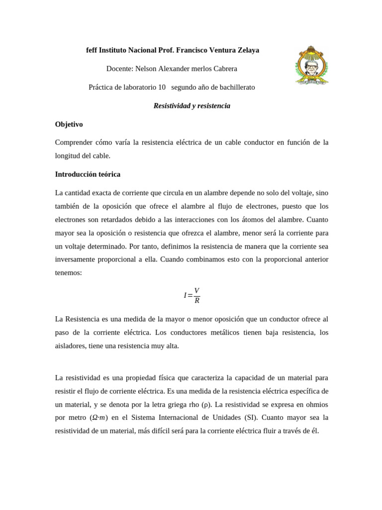 practica 10. resistividad y resistencia | PDF | Resistividad Eléctrica ...