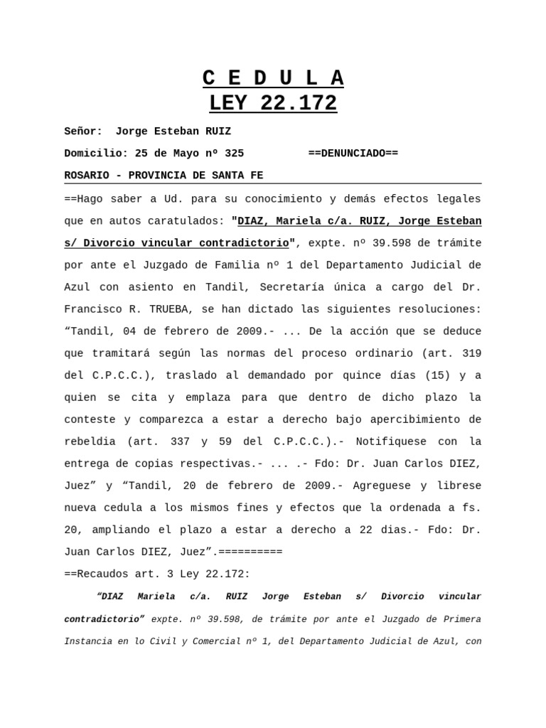 Cedula traslado extrana jurisdiccion | PDF | Demanda judicial ...