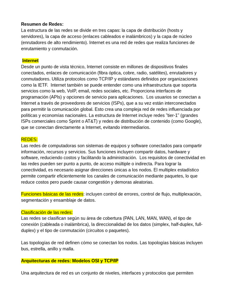 Resumen REDES 1 | PDF | Redes | Internet y web