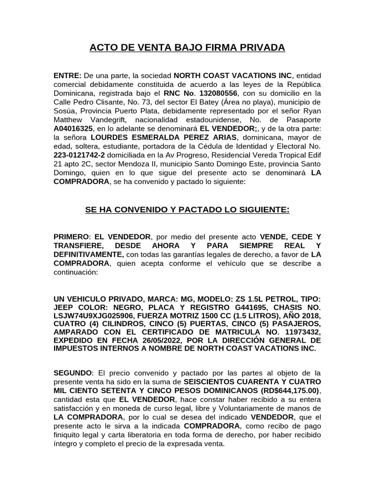 Contrato Venta Vehiculo Jeep | PDF