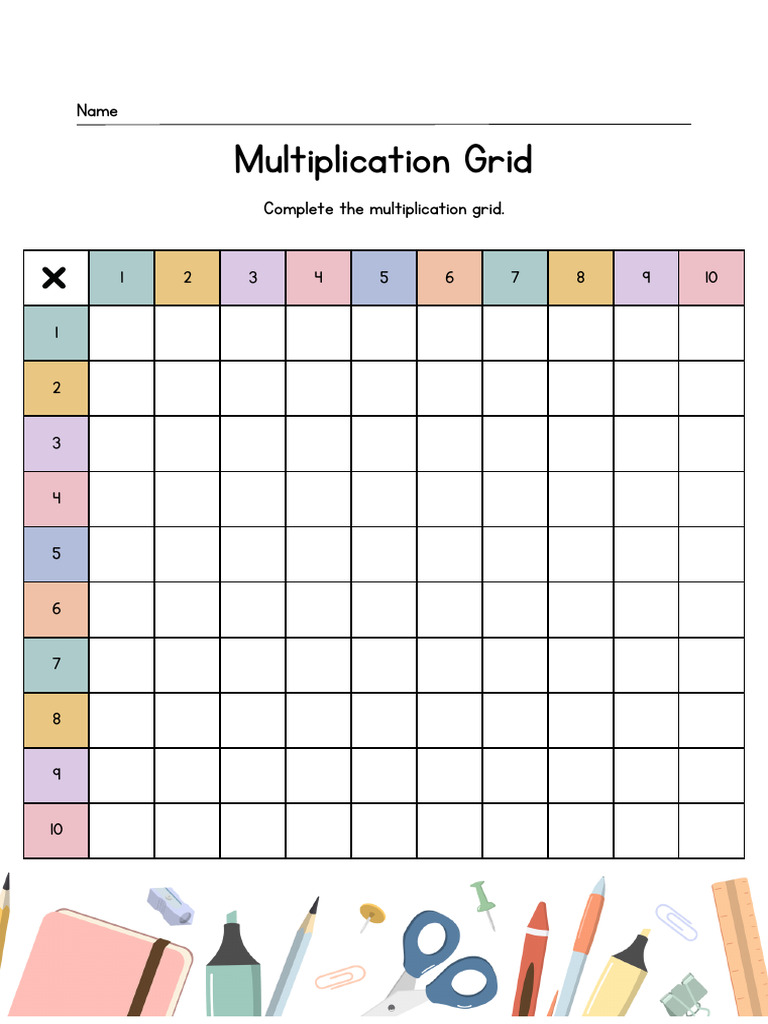 Pastel Multiplication Grid Worksheet | PDF