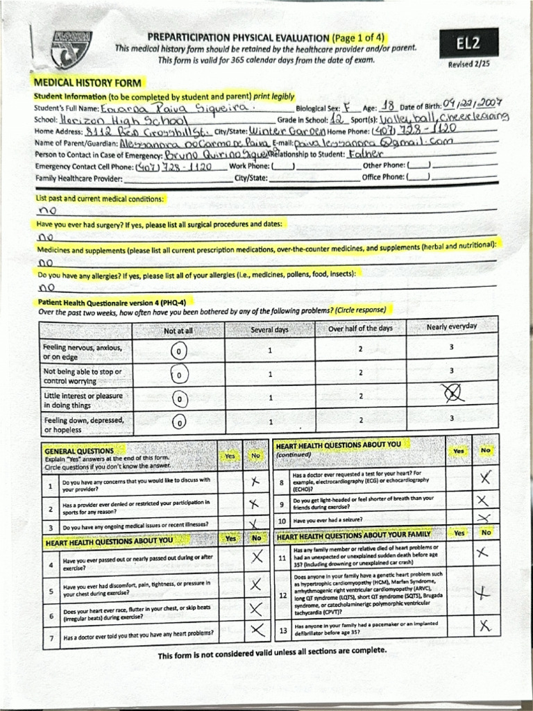 Preparticipation Physical Evaluation (Page 1 of 4) | PDF