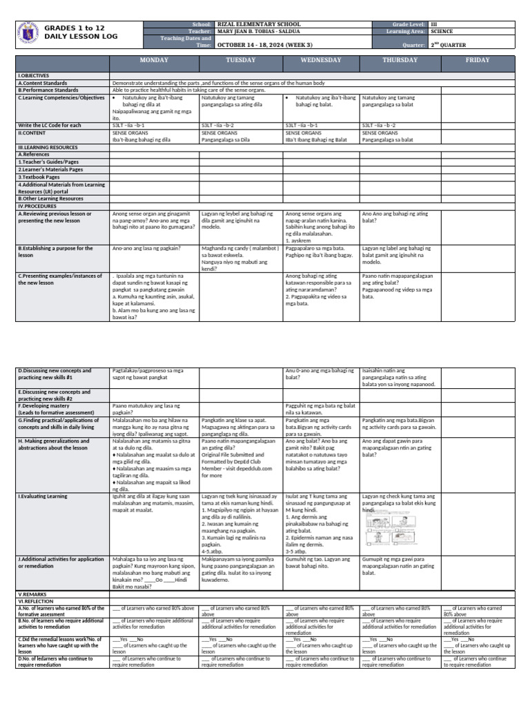 DLL - Science 3 - Q2 - W3 | PDF | Human Communication | Learning