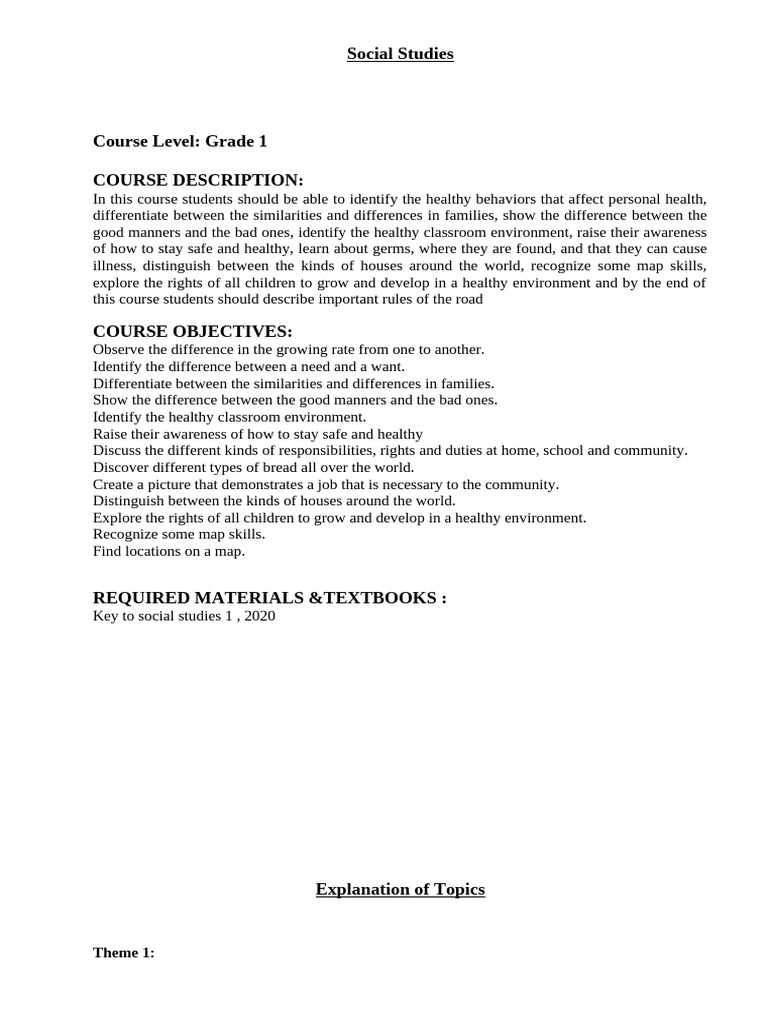 Social Studies (G1) Course Description (Year 2023 - 2024) | PDF