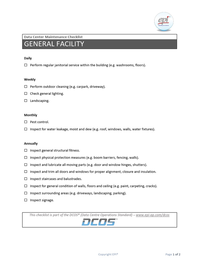 01 DCOS General Facility Maintenance Checklist | PDF | Data Center