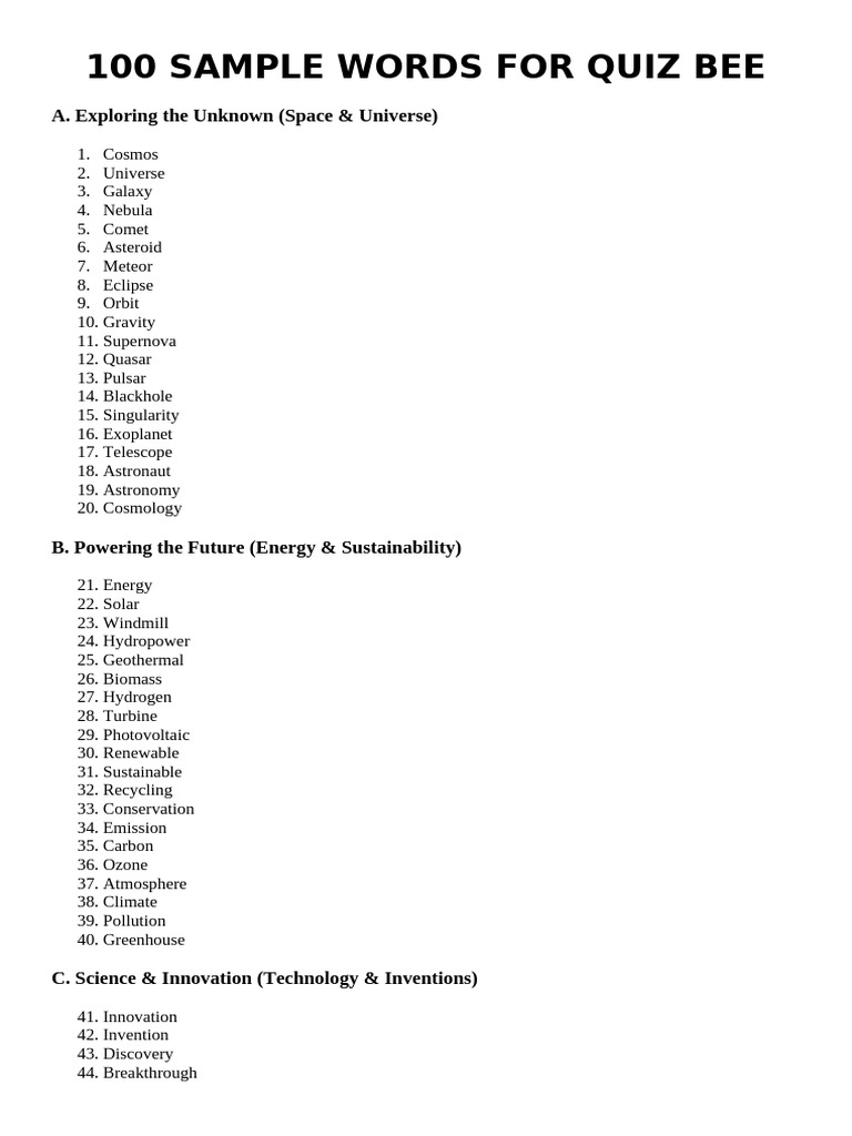 100 Quiz Bee Sample Words List | PDF