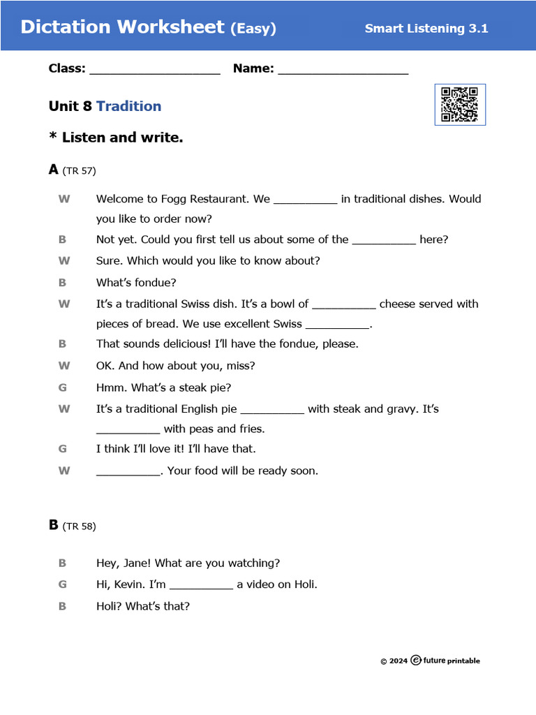 Easy Dictation Worksheet: Traditions | PDF | Foods | Cuisine