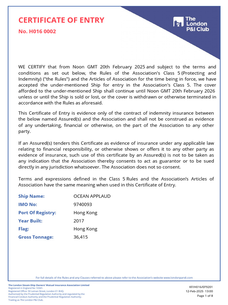 London P&I Club Certificate of Entry | PDF | Insurance | Private Law