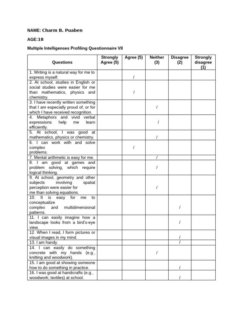 Multiple Intelligences Assessment Results | PDF | Teaching Mathematics ...