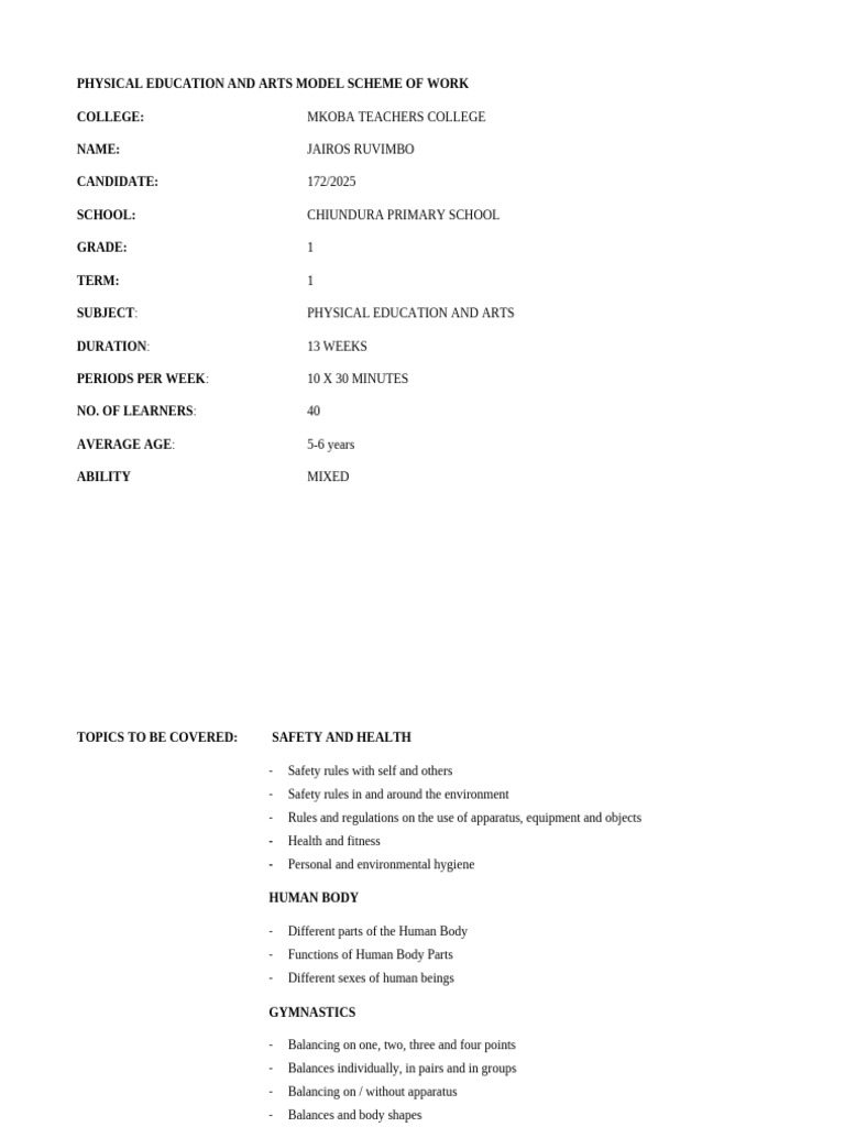 Grade 1 PE and Arts Curriculum Plan | PDF | Physical Education ...