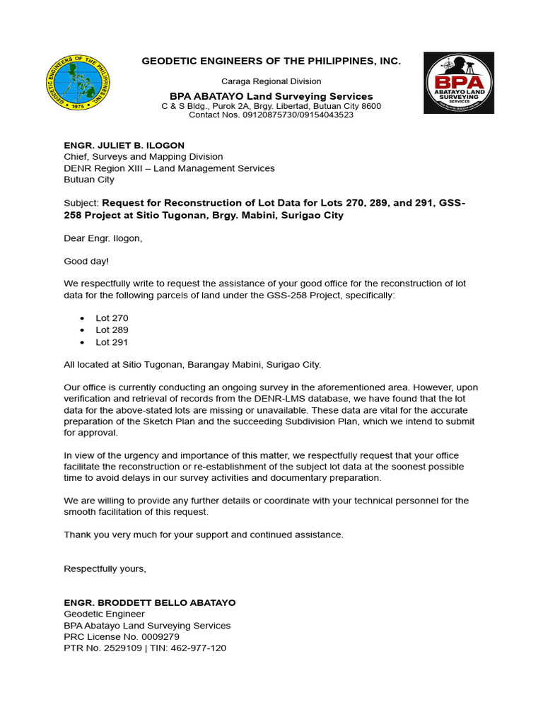 Request for Lot Data Reconstruction | PDF