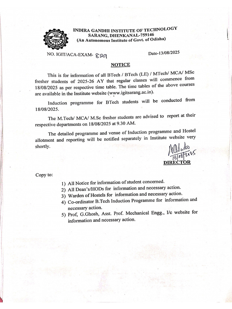 Notice For Class Start Induction Programme For Freshers Students 2025 ...