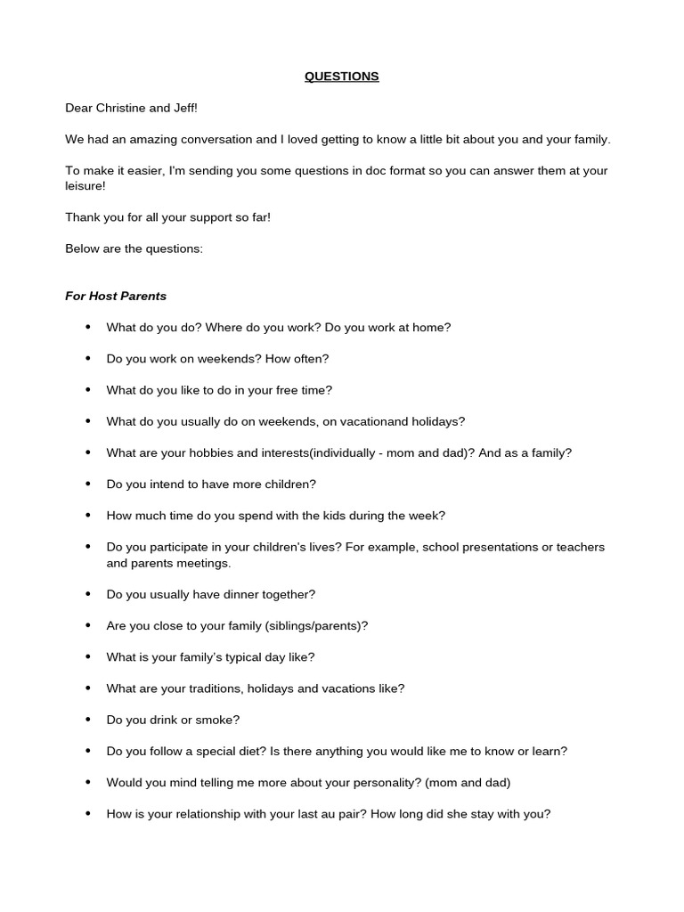 Questions - Host Family Interview | PDF