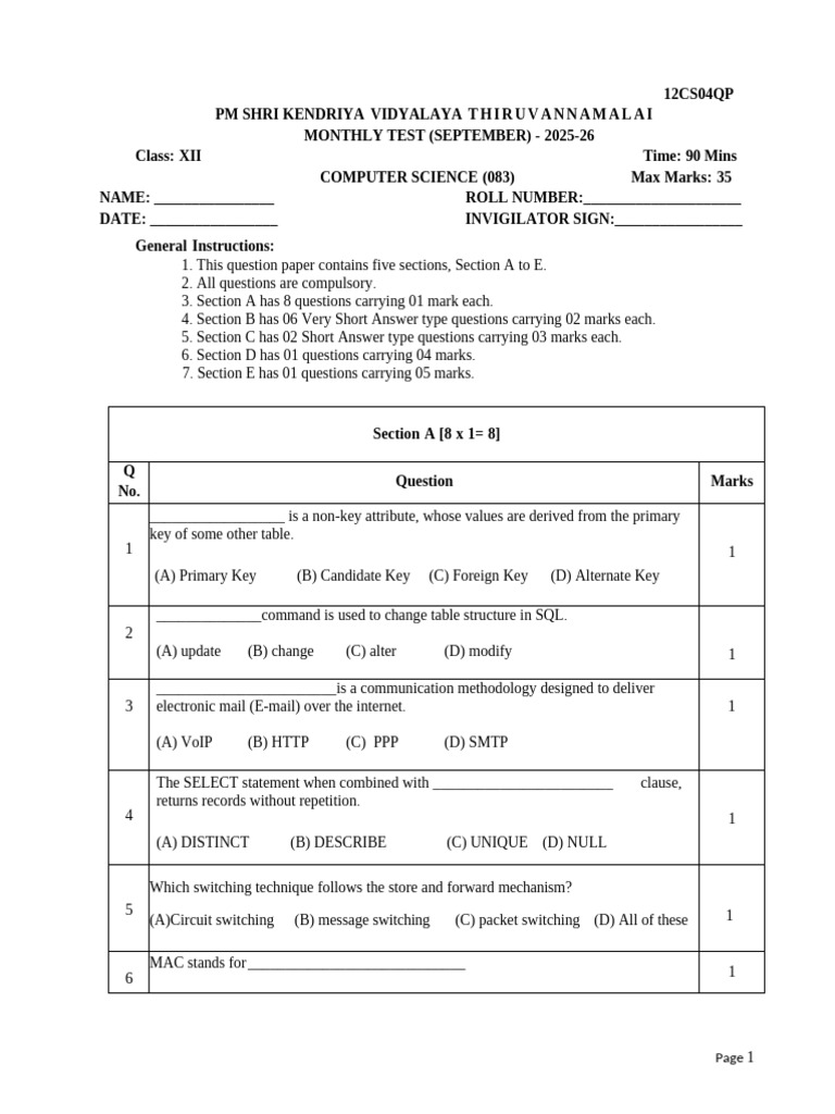 Class Xii MT September Cs 2025 QP | PDF | Information Science | Data Management