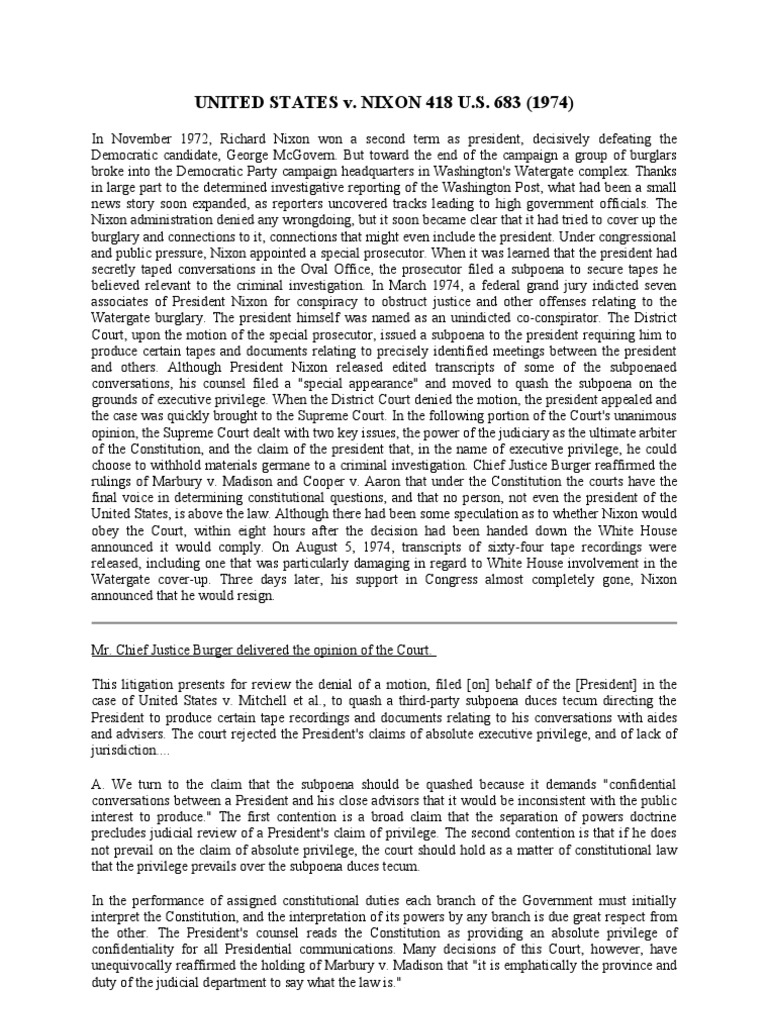 US v. Nixon | PDF | Executive Privilege | Presidents Of The United States