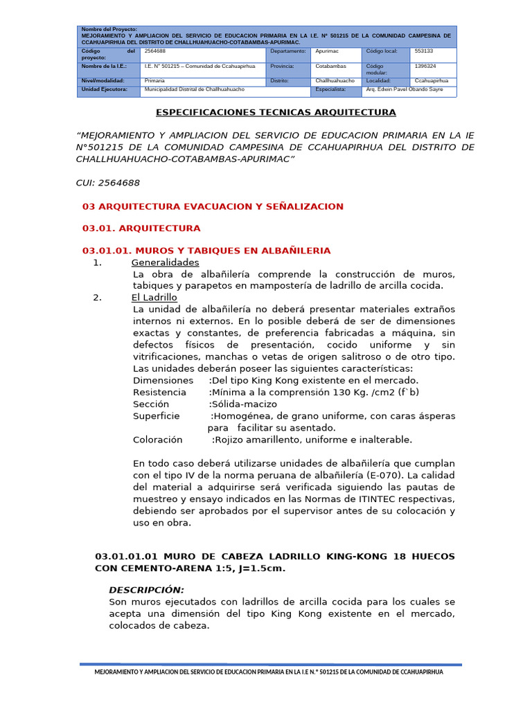 Especificaciones Tecnicas Arquitectura | PDF | Hormigón | Albañilería