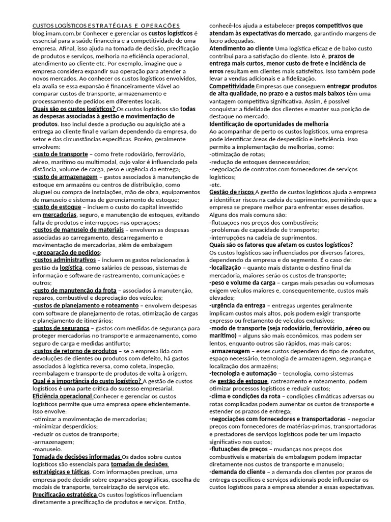 Custos Logísticos: Gestão e Estratégias | PDF | Despesa | Logística